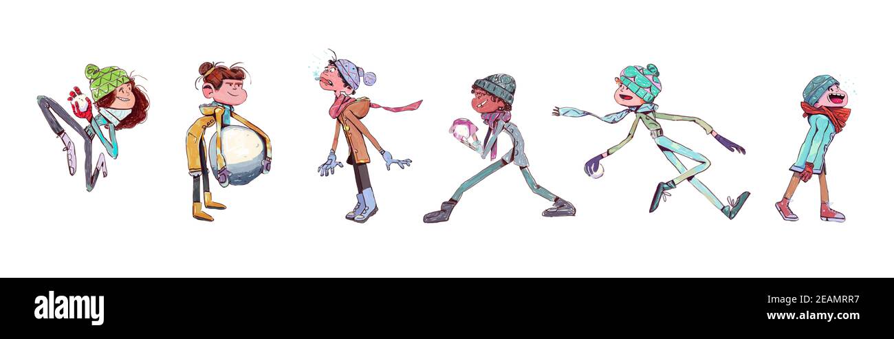 Set of happy kid character playing snow ball for winter. Winter ...