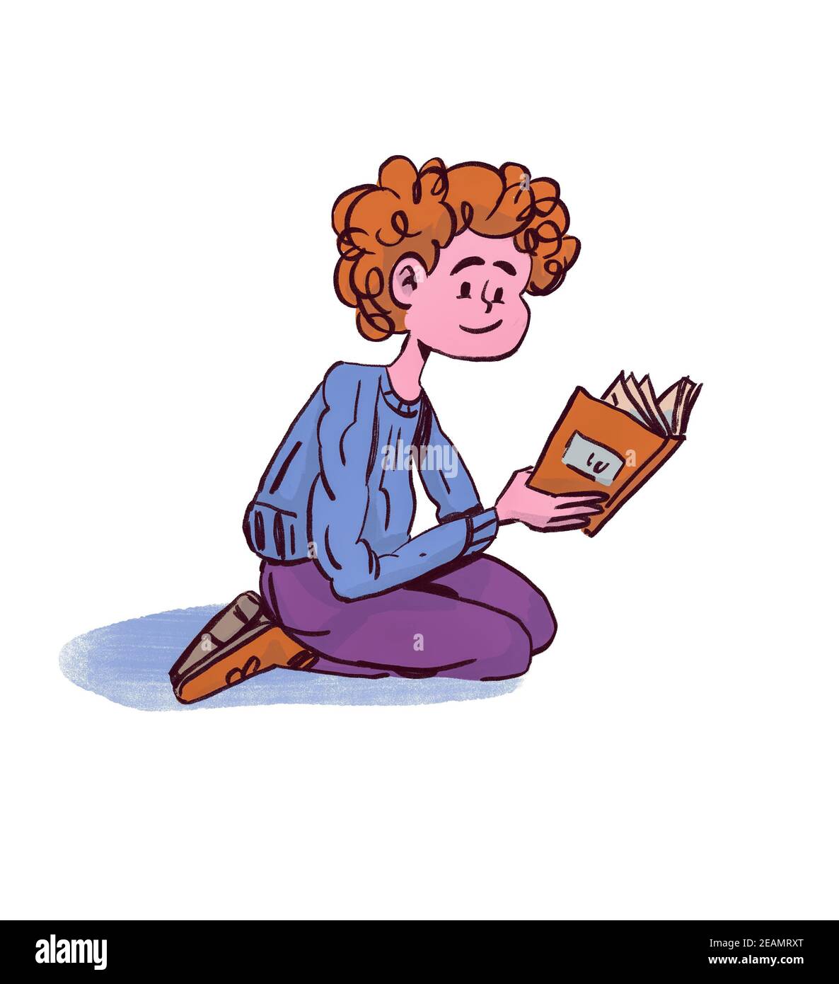 Smile Girl with curly hair read a book. Childhood student. Color ...