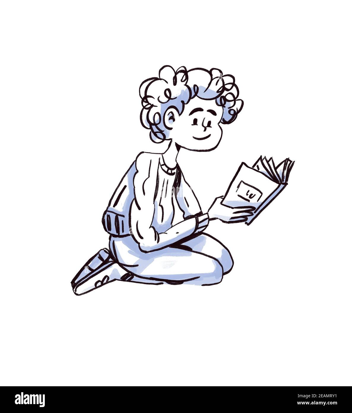 Smile Girl with curly hair read a book. Childhood student. Black and ...