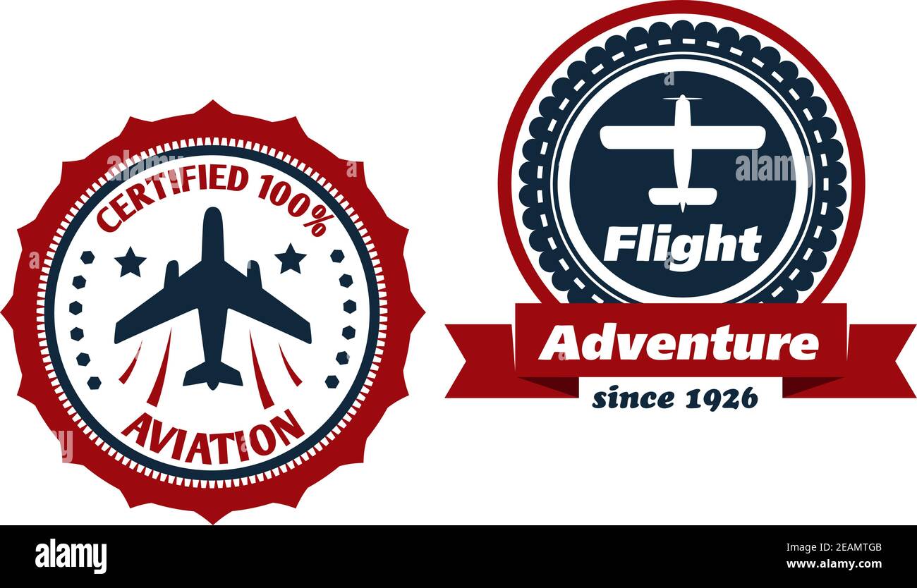 Aviation and flight symbols with airplane, stars, banner and text in ...