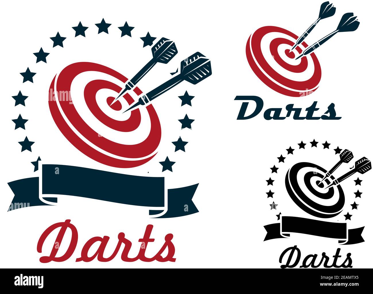 Darts sporting symbols, emblems and icons set with darts, dartboard ...