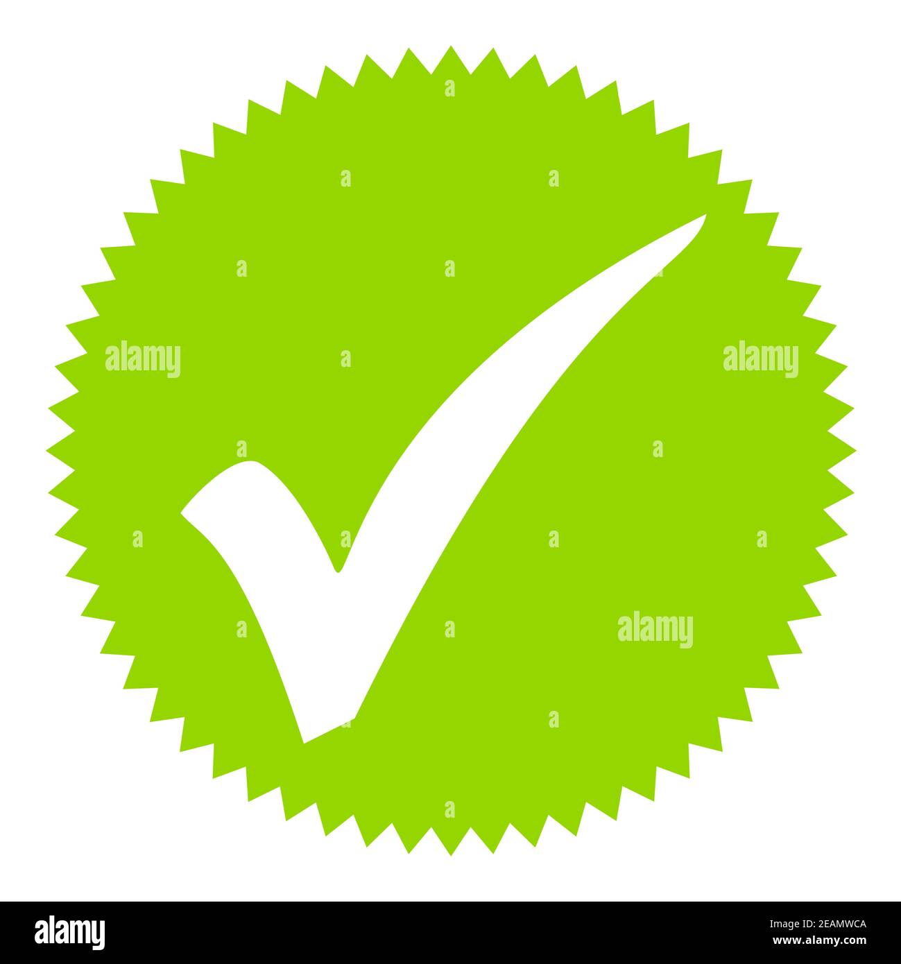 Round green jagged button with tick icon Stock Photo - Alamy