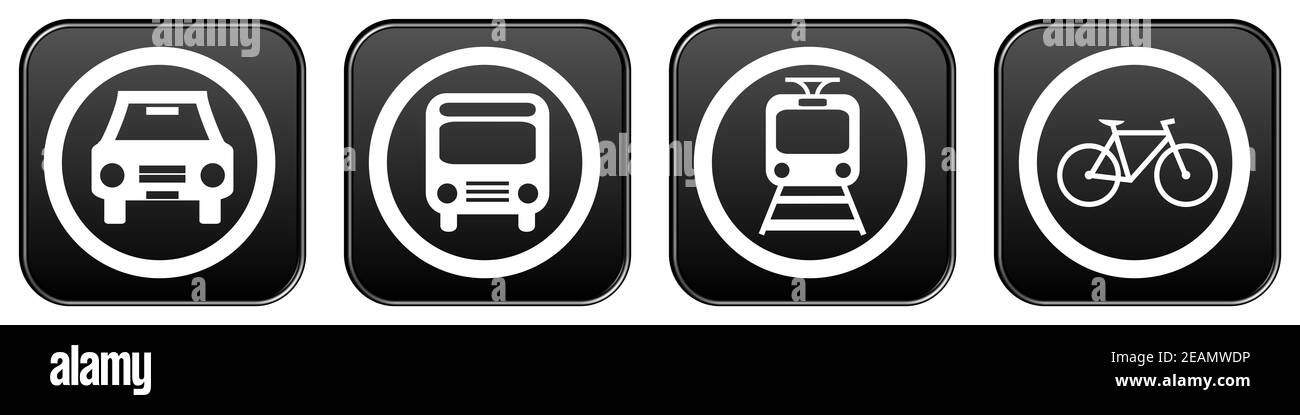Car, Bus, Train or Bike - 4 mobility buttons Stock Photo - Alamy