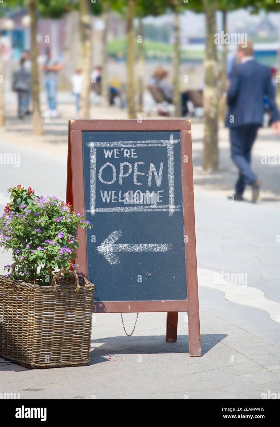 Welcome open sign, restaurant or cafe ready to service after corona ...