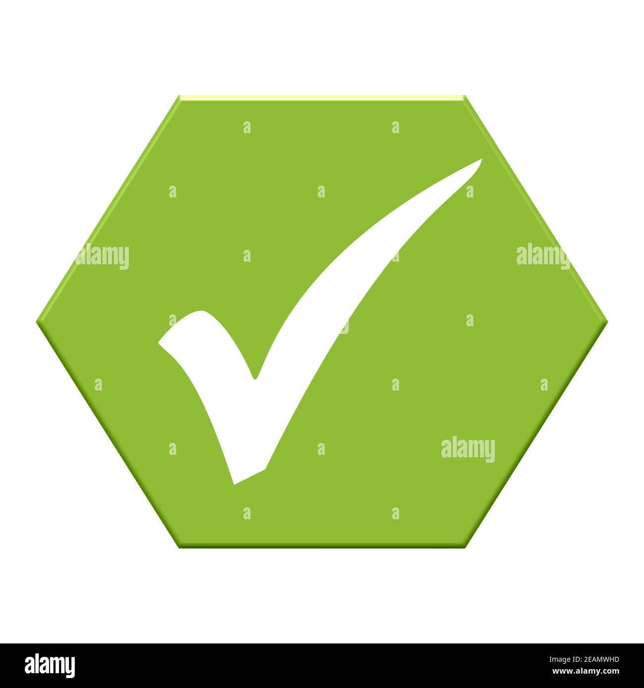 Green Hexagon Button showing Tick, Confirm or Select Stock Photo - Alamy