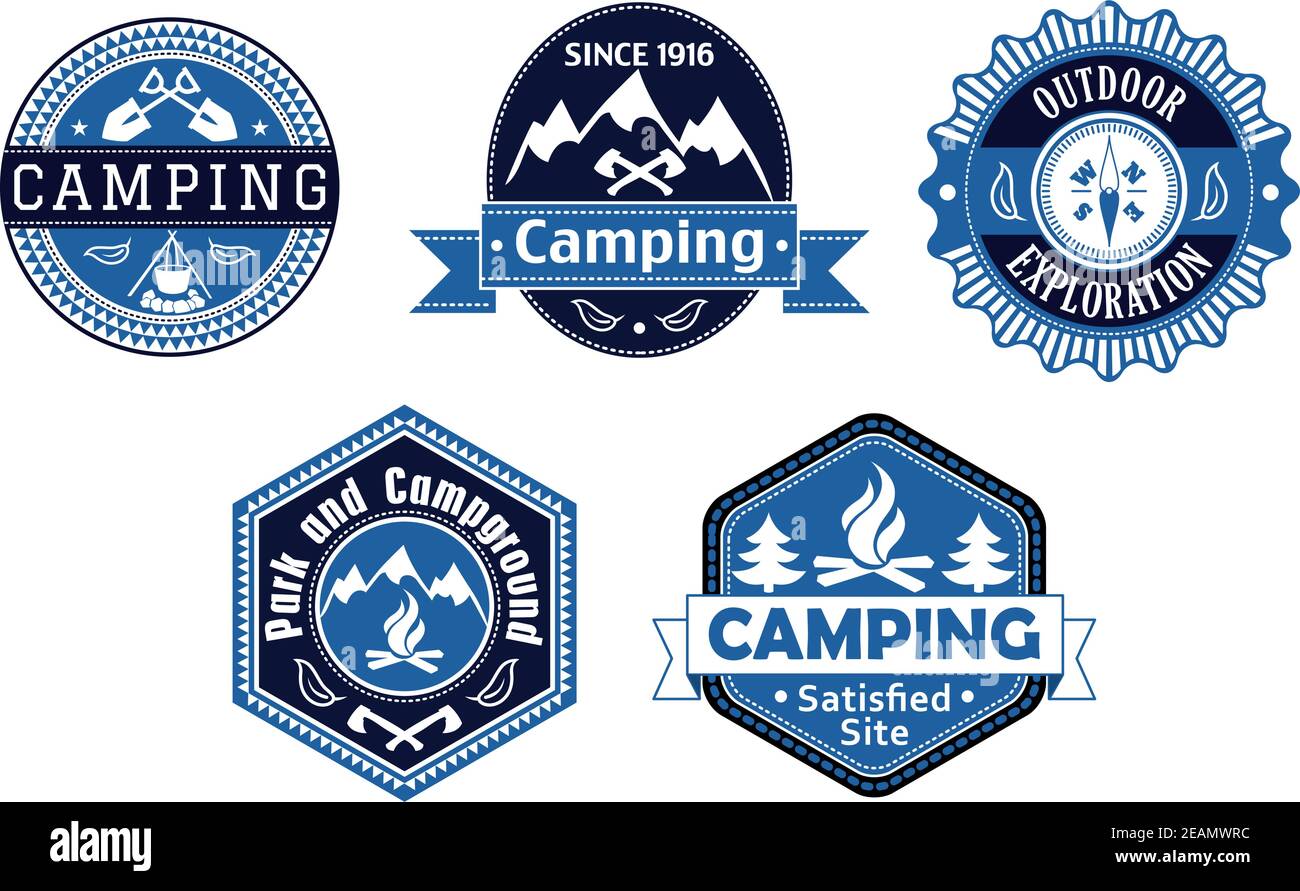 Camping emblems and labels with different blue frame shapes with the ...