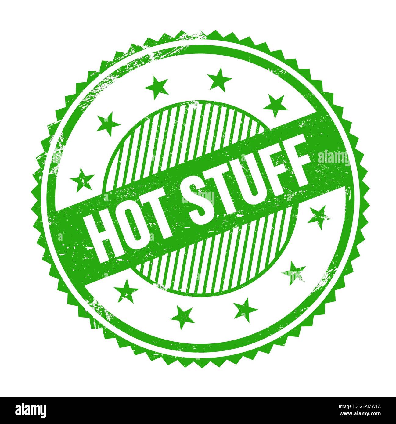 HOT STUFF text written on green grungy zig zag borders round stamp ...