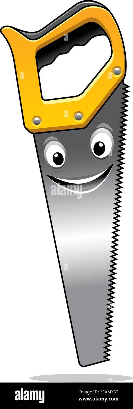 Cartoon smiling funny hand saw isolated on white for industrial and DIY ...
