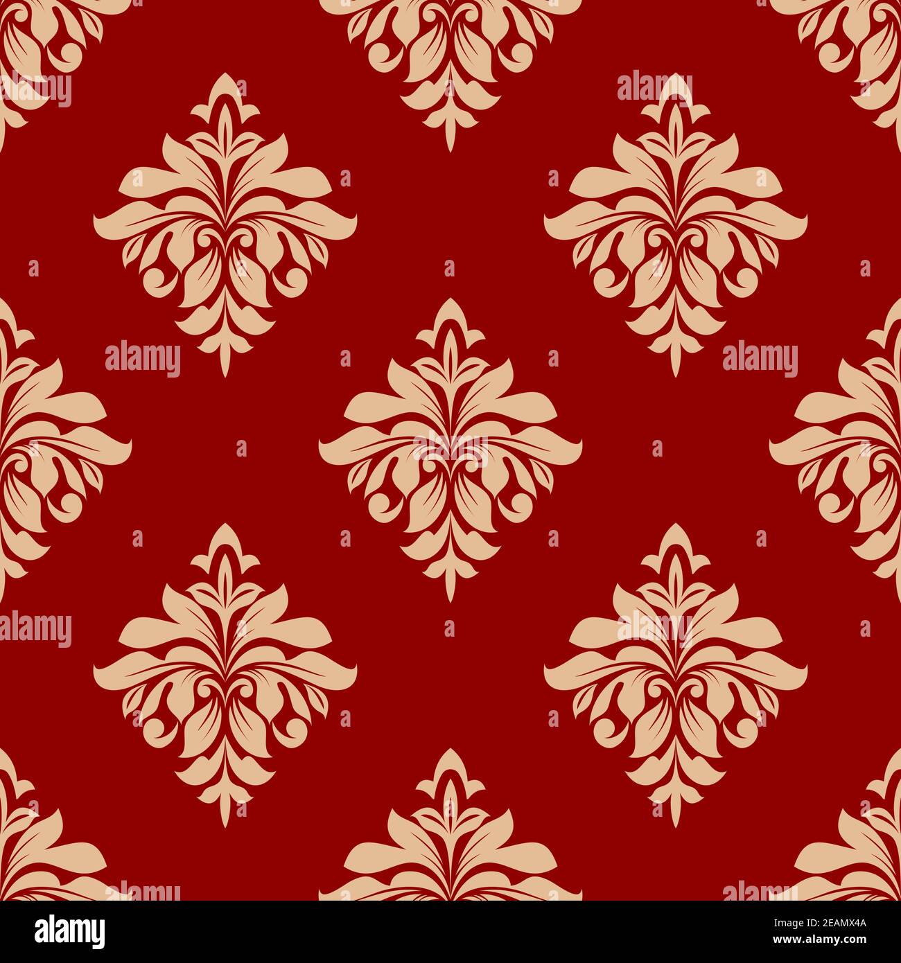 Beige and red floral seamless pattern with arabesque elements in damask ...