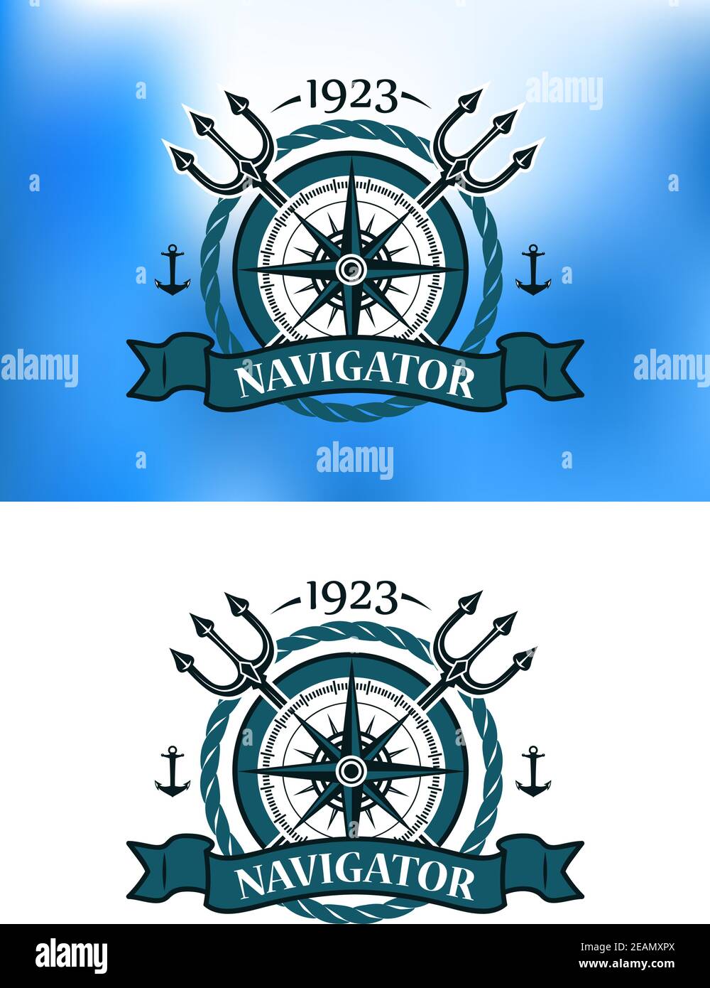 Marine heraldic label with anchors, compass, trident and ropes for ...