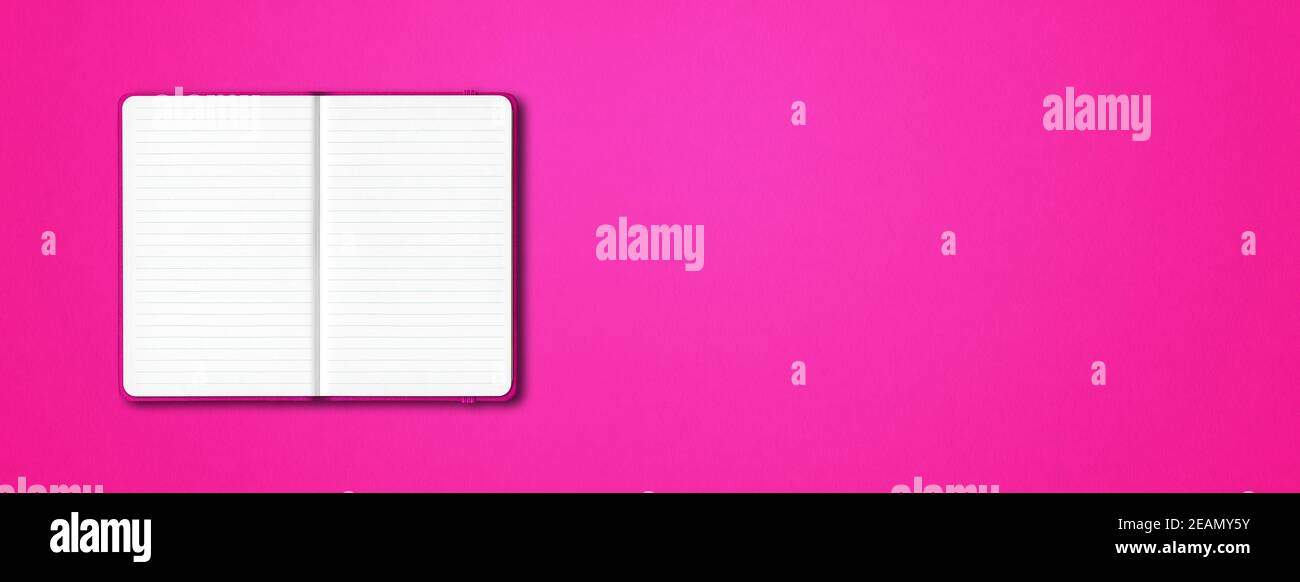 Pink open lined notebook isolated on colorful background. Horizontal ...