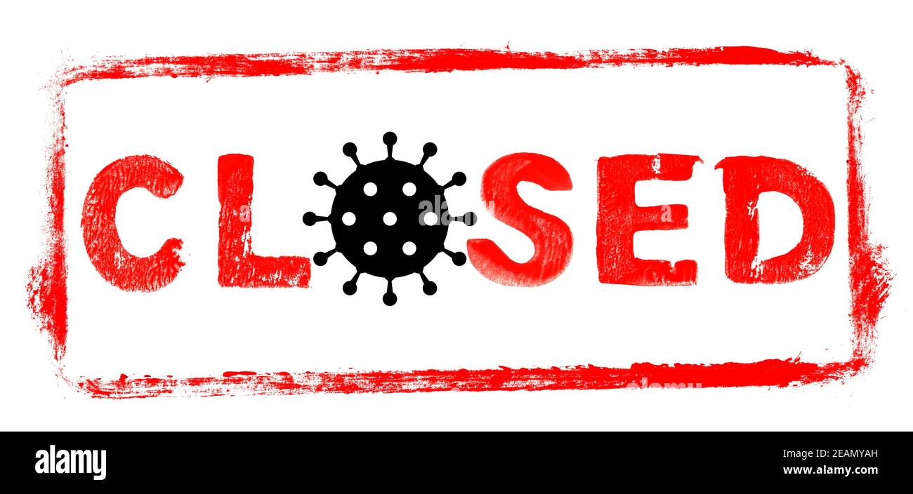 Red stencil frame: Closed banner with Coronavirus icon Stock Photo - Alamy