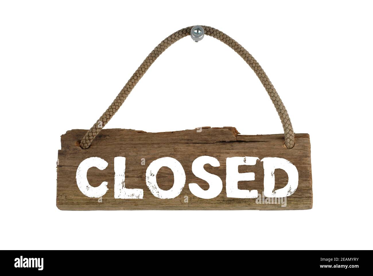 Wooden sign showing Closed hanging on rope Stock Photo - Alamy