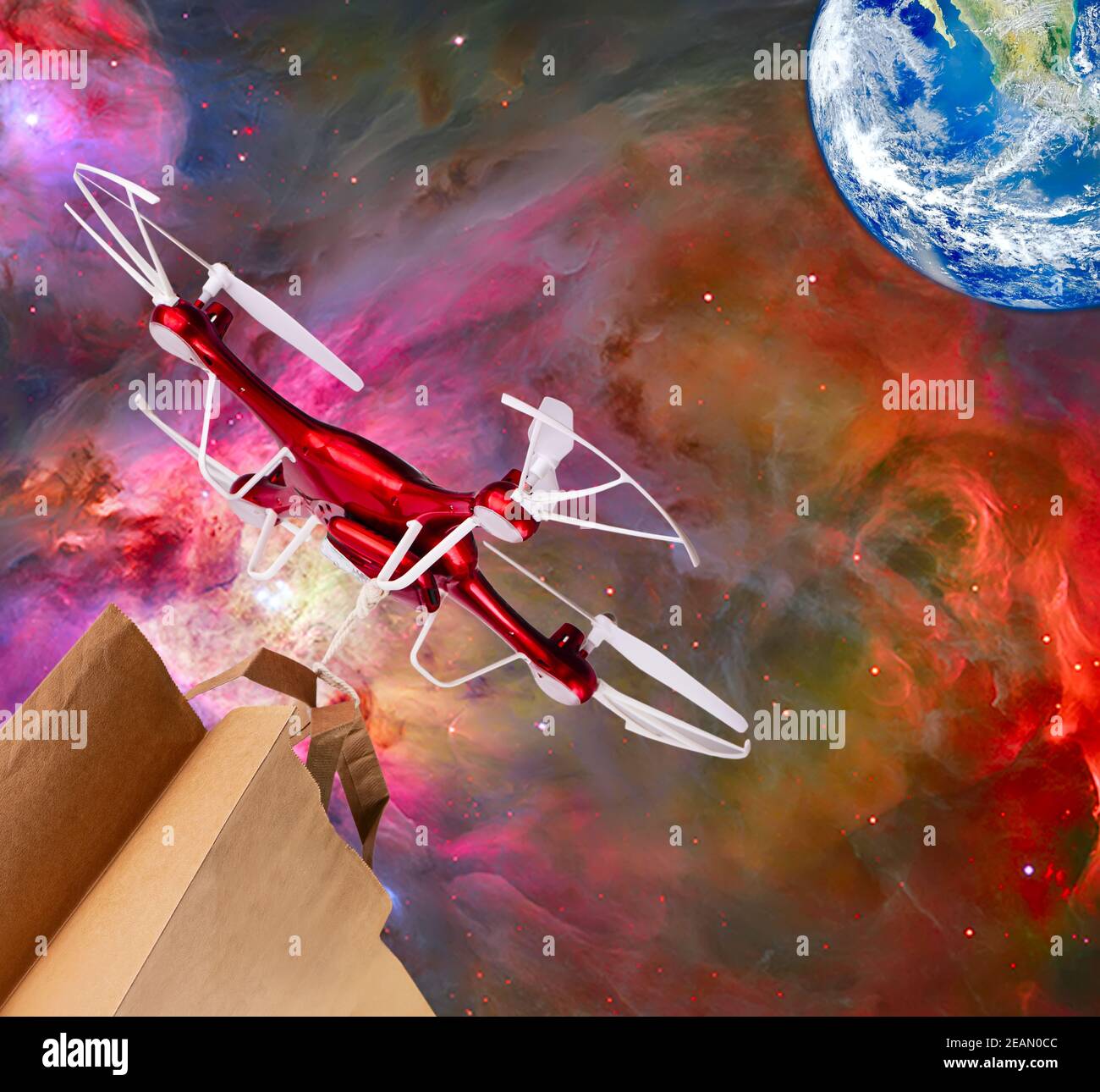 drone delivers a package with purchases to Earth flying the milky way ...