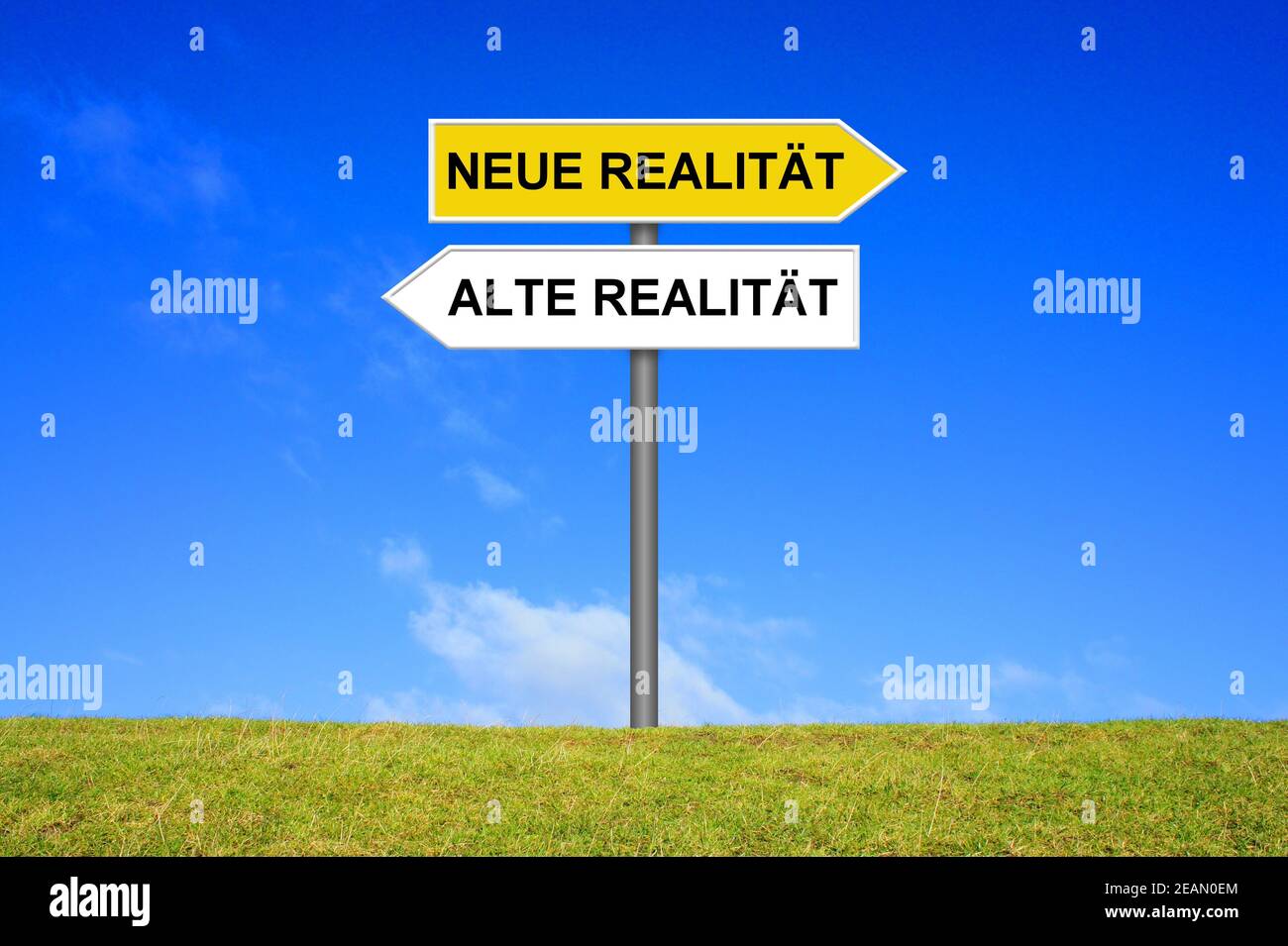 Signpost showing Old Reality and New Reality in german language on ...
