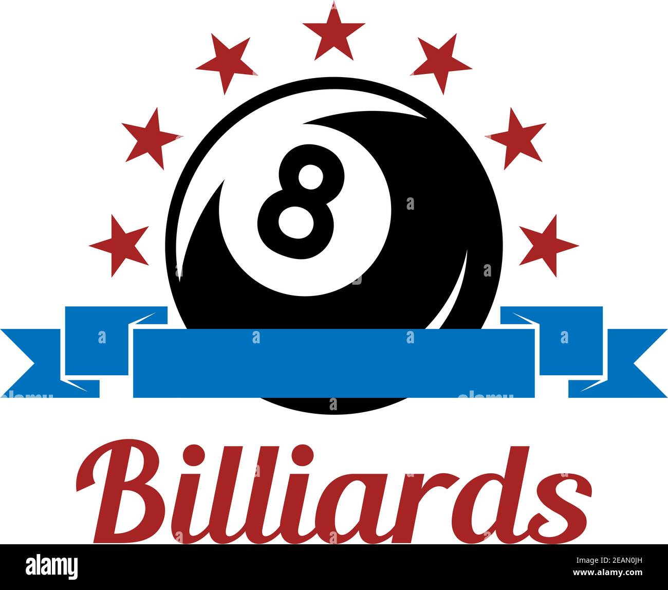 Billiard sport symbol with ball, ribbons, stars and text for leisure ...