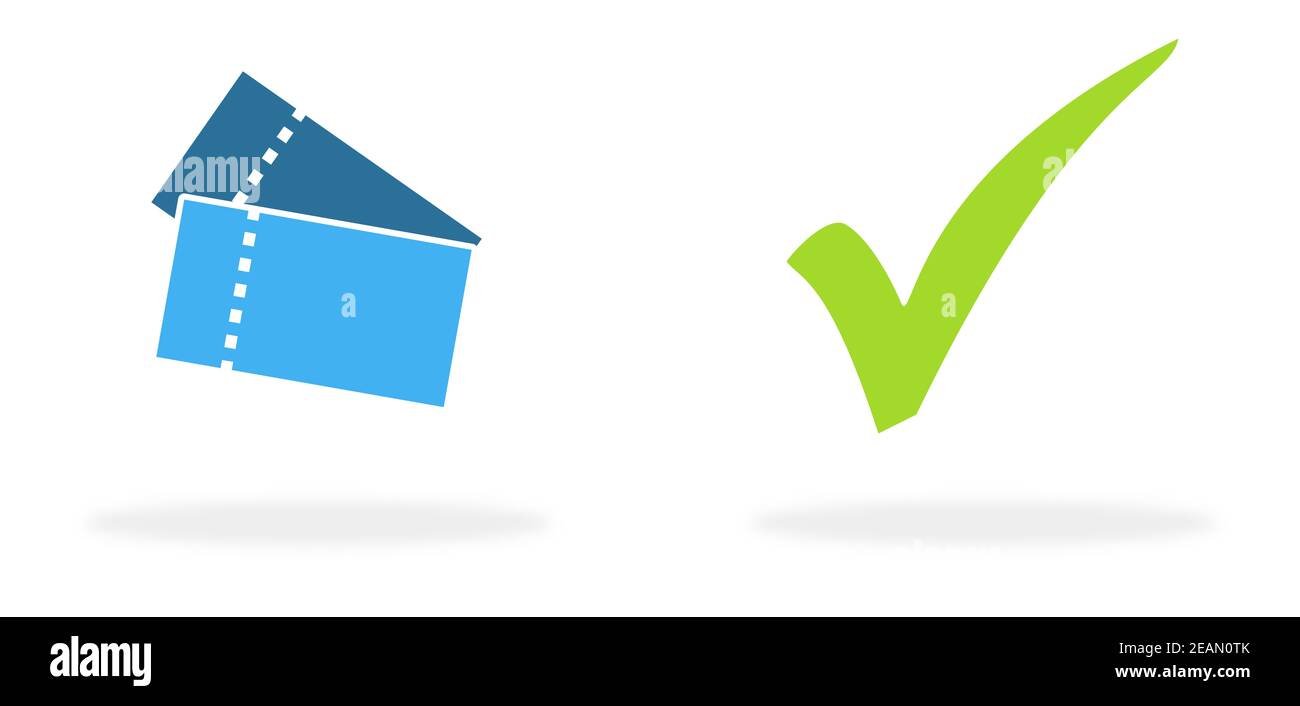 Tickets icon and green tick symbol Stock Photo - Alamy