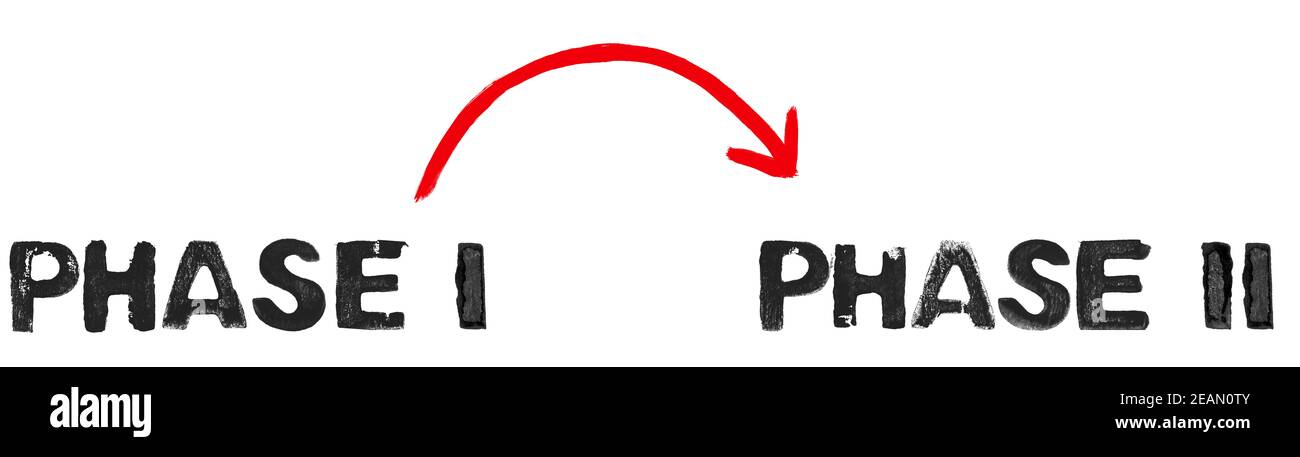 Grunge text with arrow showing Phase 1 and Phase 2 Stock Photo - Alamy