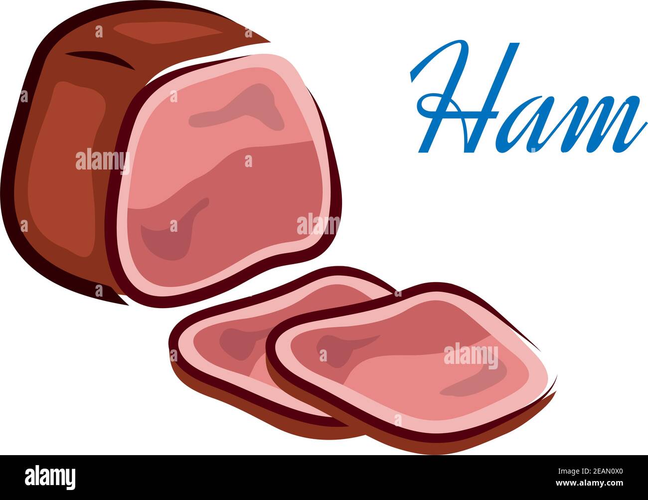 Pieces of fresh red ham with text isolated over white background in ...
