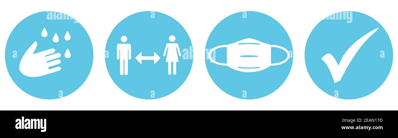 Blue Buttons showing Coronavirus rules: Hand washing, Keep Distance ...