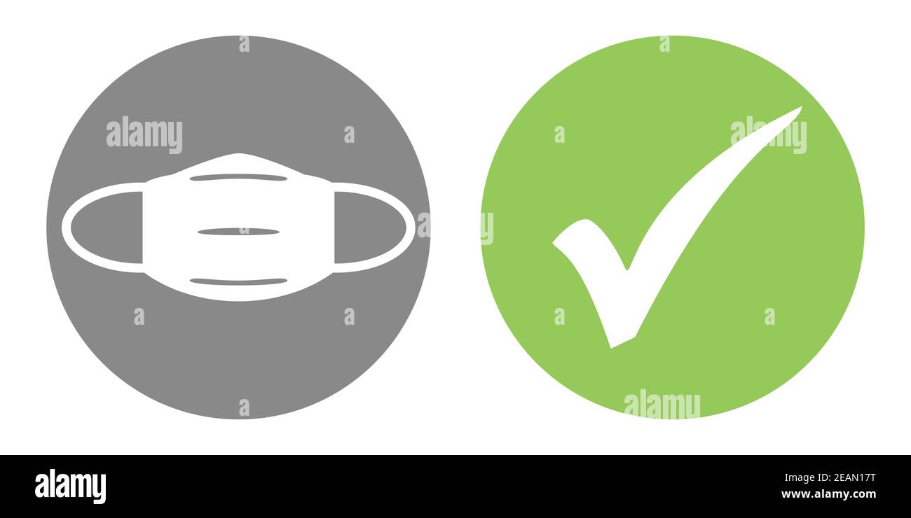 Icon of Face mask and Check Mark in grey and green circles Stock Photo ...