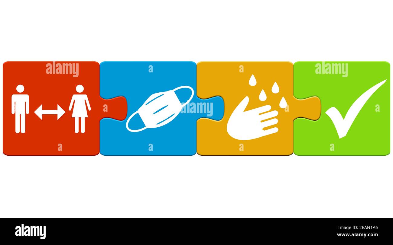 Colorful puzzle Buttons showing Coronavirus Rules: Social Distancing ...