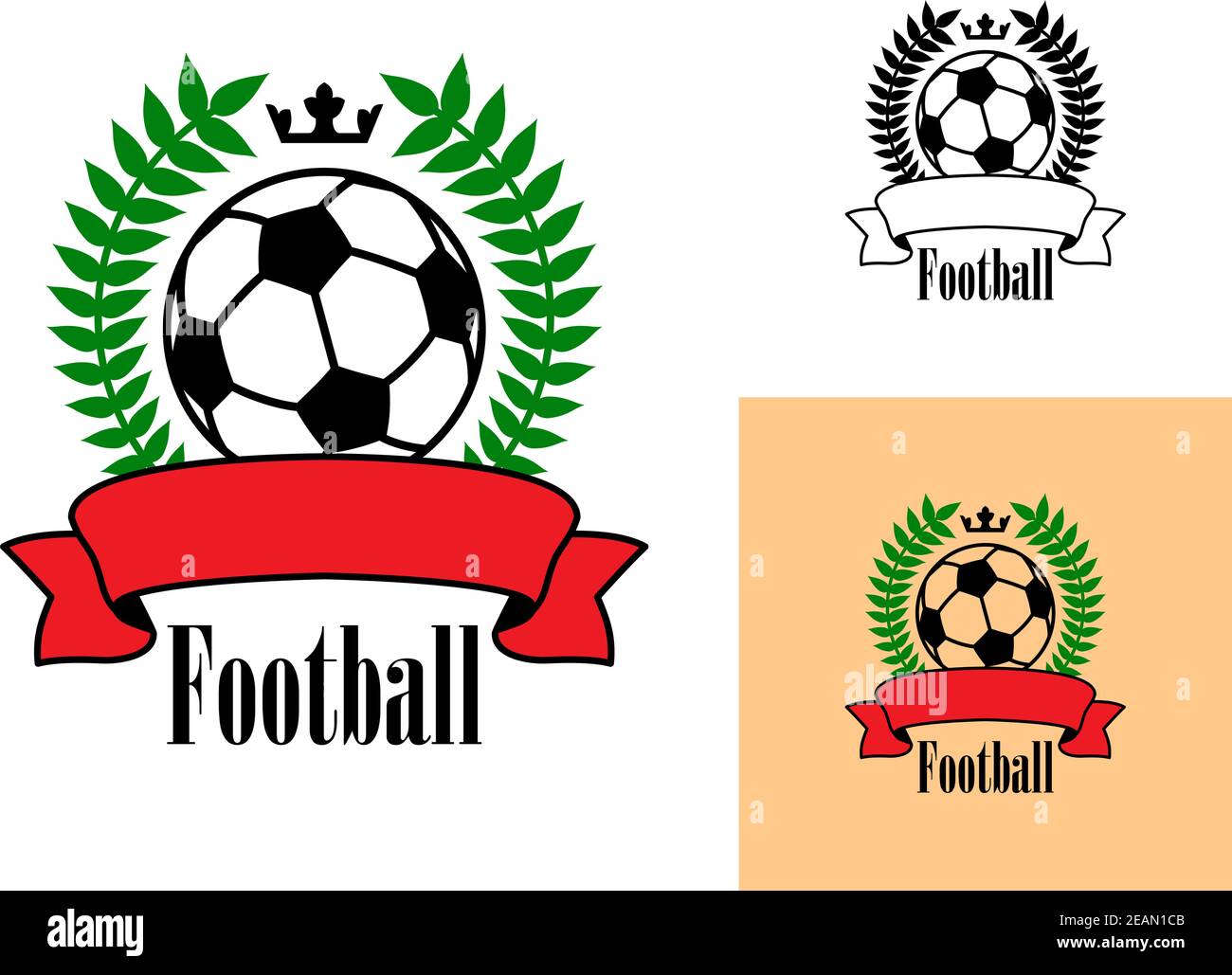 Sports emblems or badges with soccer ball, wreath, crown and ribbon ...