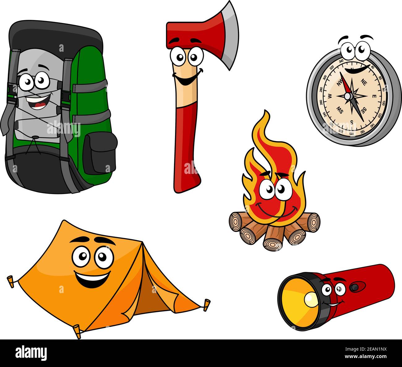 Cartoon camping and travel objects set with backpack tent axe compass ...