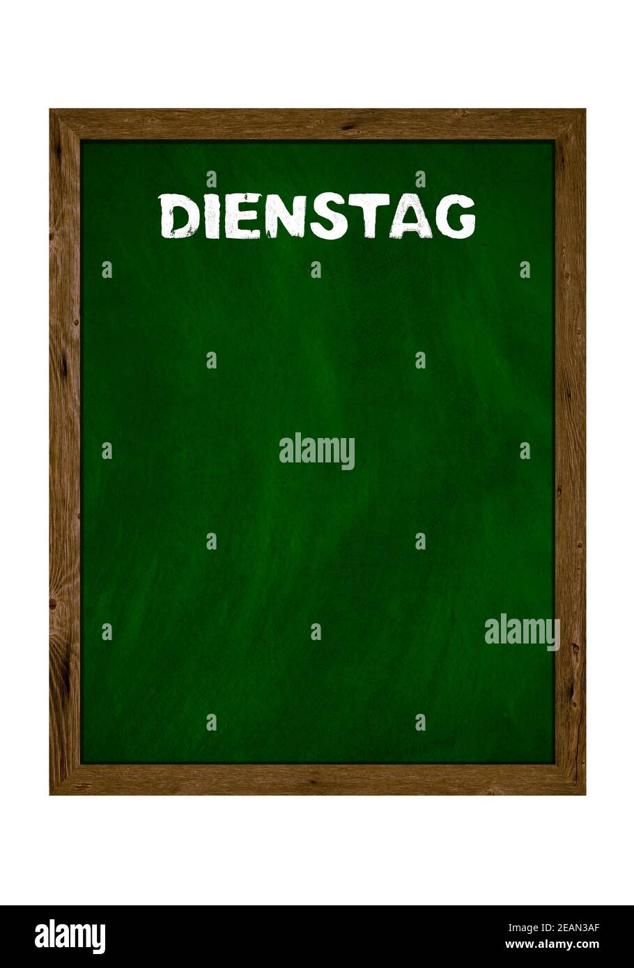 Wooden board with chalk letters showing tuesday in german language with ...