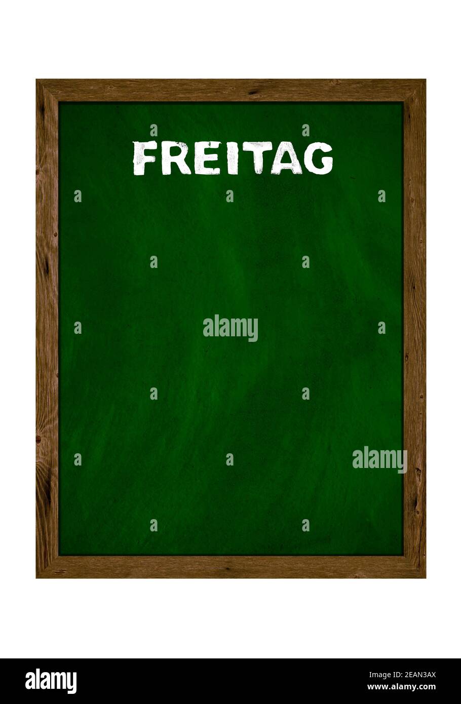 Wooden board with chalk letters showing friday in german language with ...