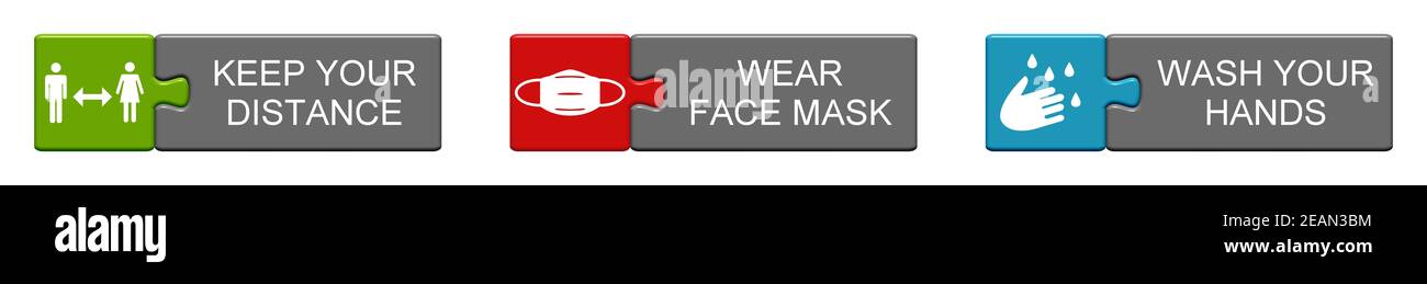 Keep your Distance, Wear Face Mask, Wash your Hands on 3 Puzzle Buttons ...