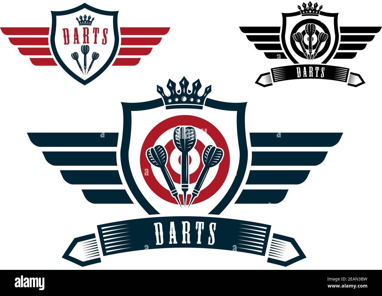Darts sporting emblems, labels or icons with wings, arrows, ribbon ...