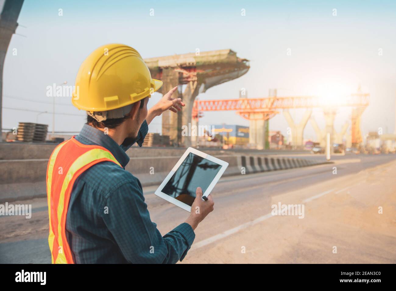 Worker Engineer Architecture use tablet inspection project road ...