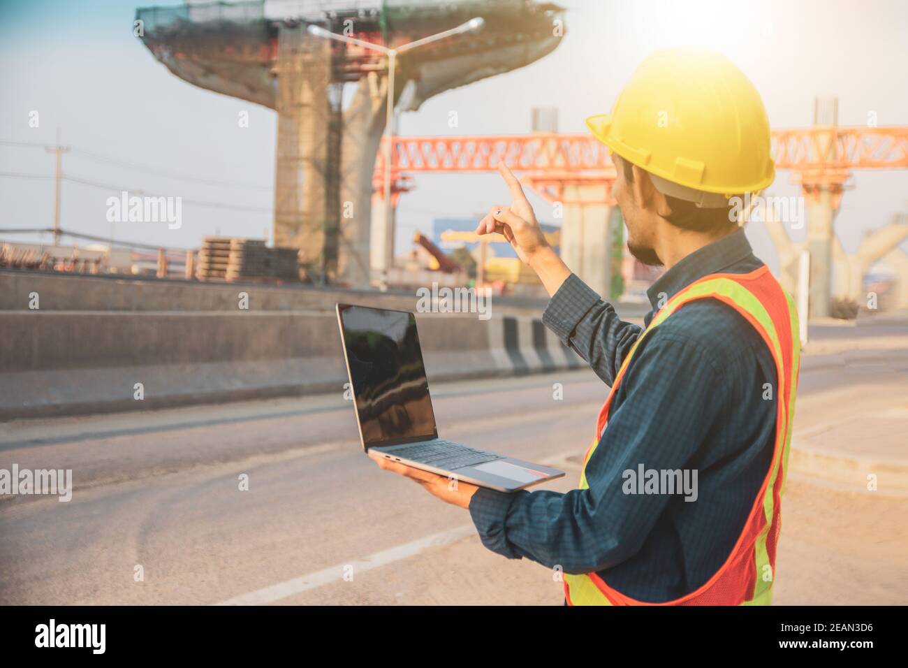 Engineer use computer laptop, Worker architecture check building ...
