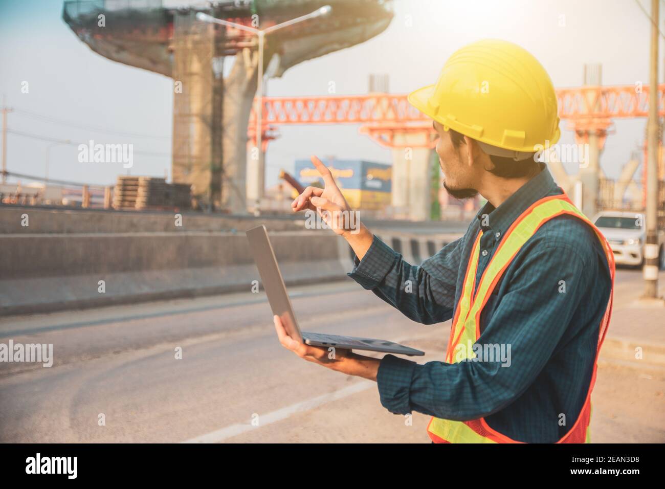 Engineer use computer laptop, Worker architecture check building ...