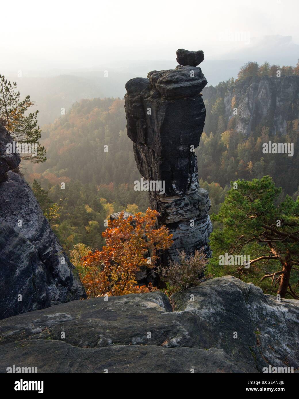moody picture of a rockformation in German nationalpark Saxon Sandstone ...