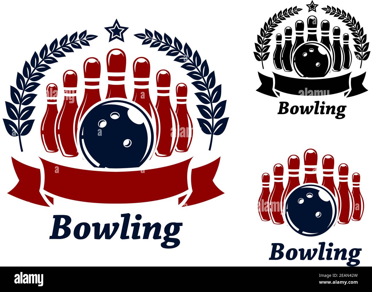 bowling emblems with ball, ninepins and laurel wreath. Black and red ...