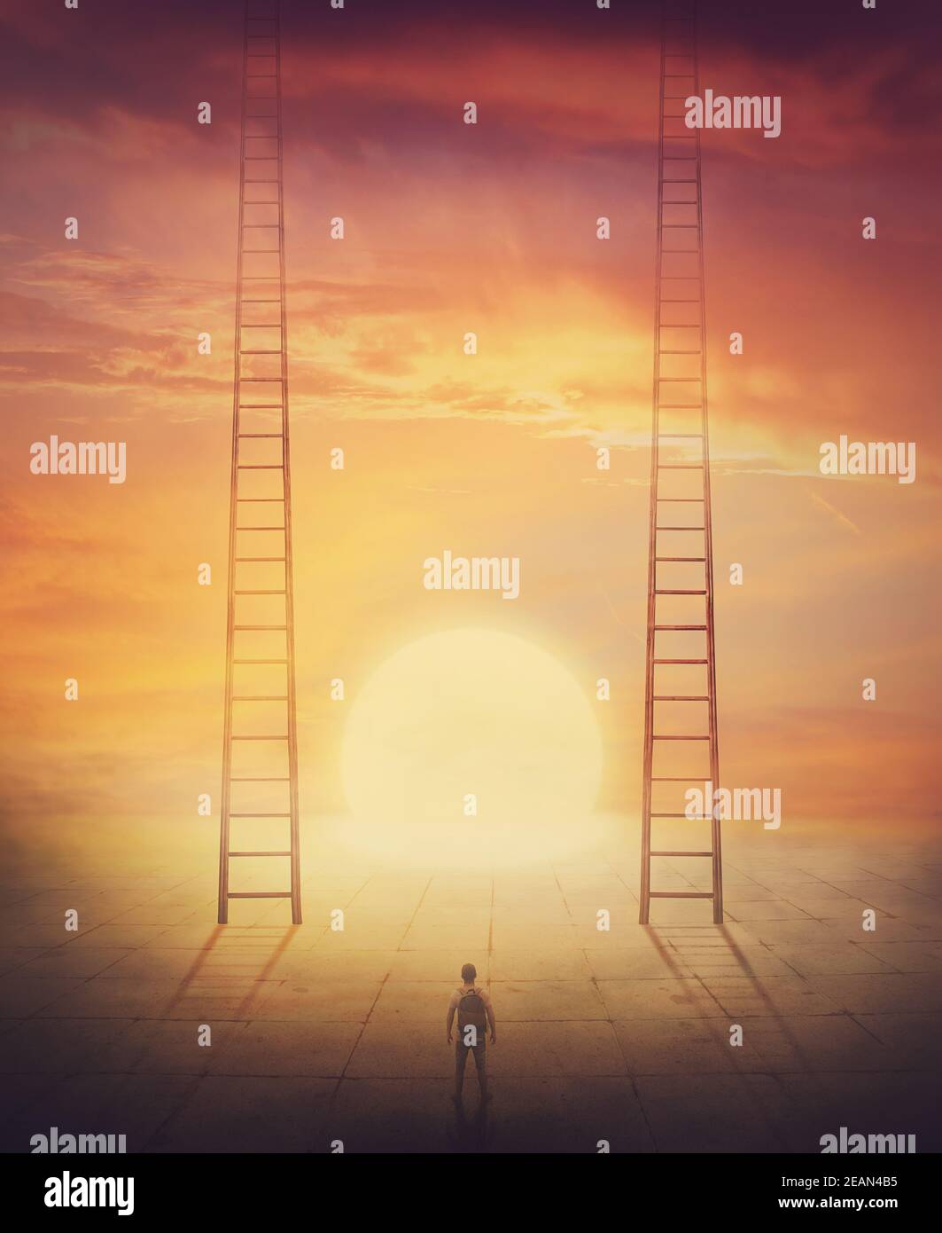 Conceptual scene, person stands in front of a decisive choice with two ...