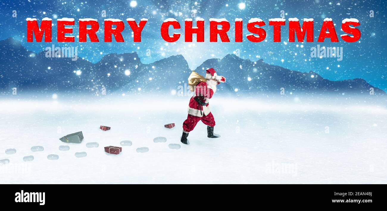 christmas greeting card with arrival of santa who delivers his presents ...