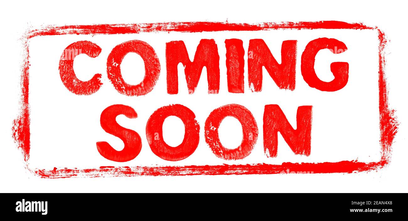 Red stencil frame: Coming Soon banner Stock Photo - Alamy