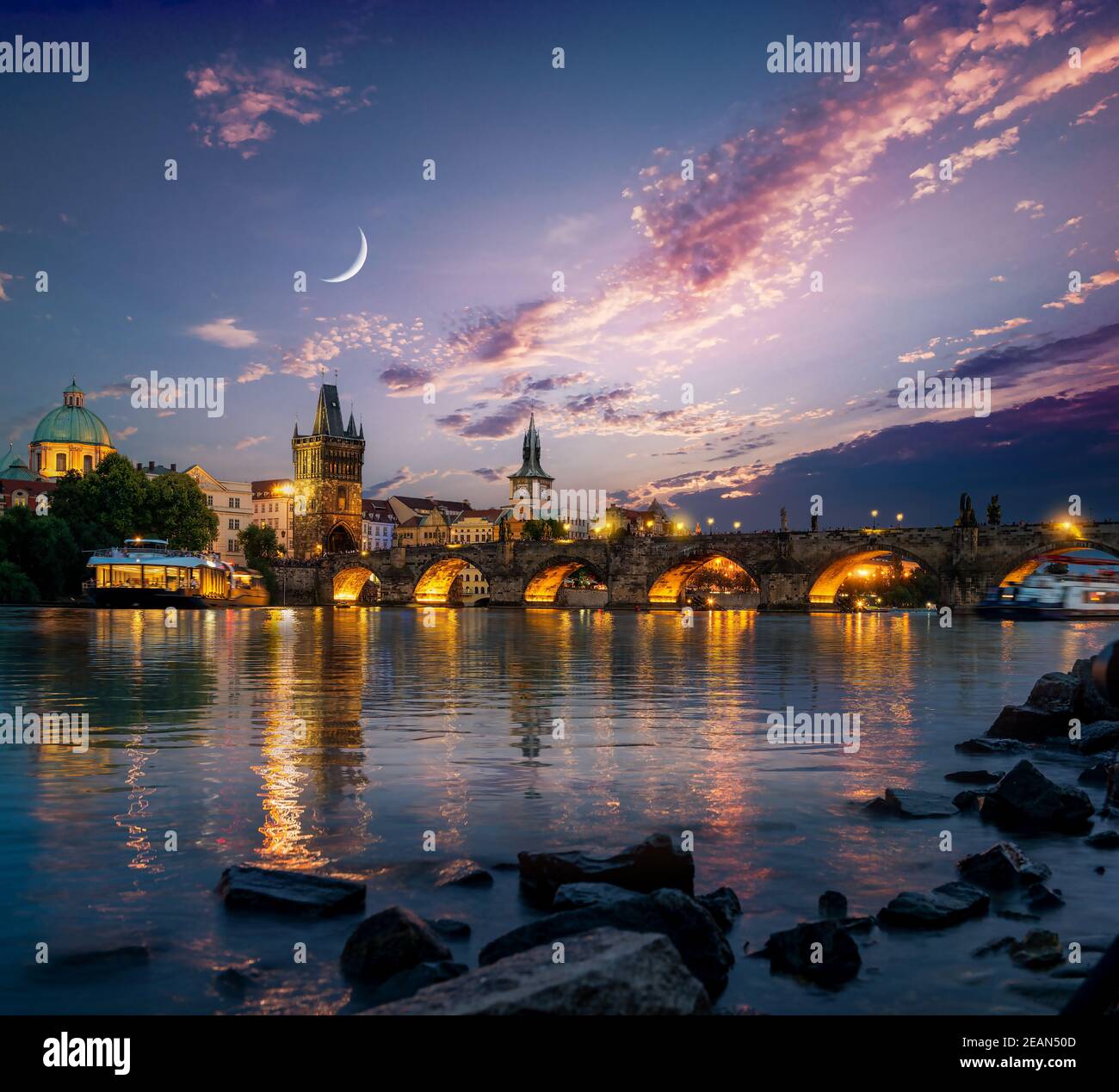 Charles Bridge and moon Stock Photo - Alamy