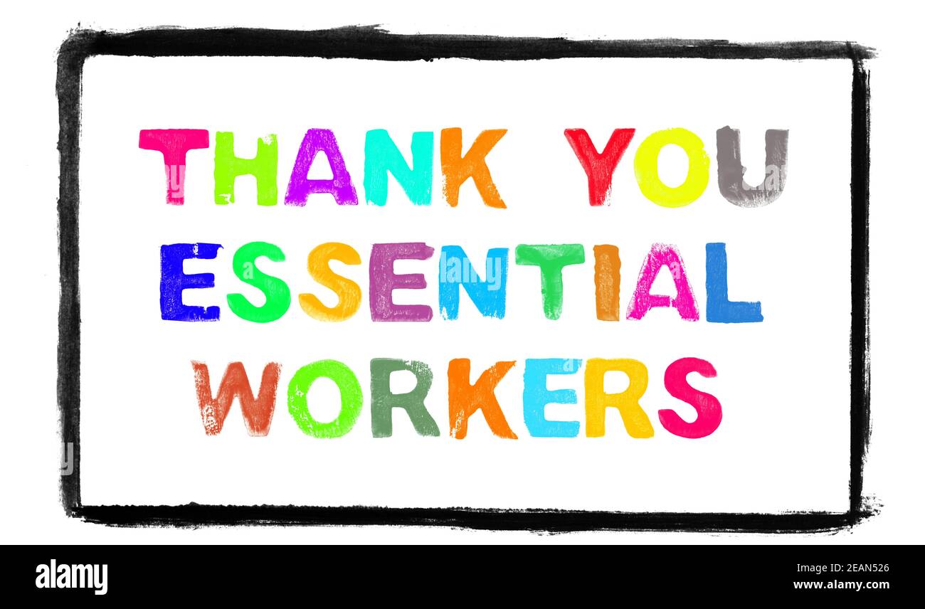 Thank you Essential Workers - Text with colorful stencil letters in ...