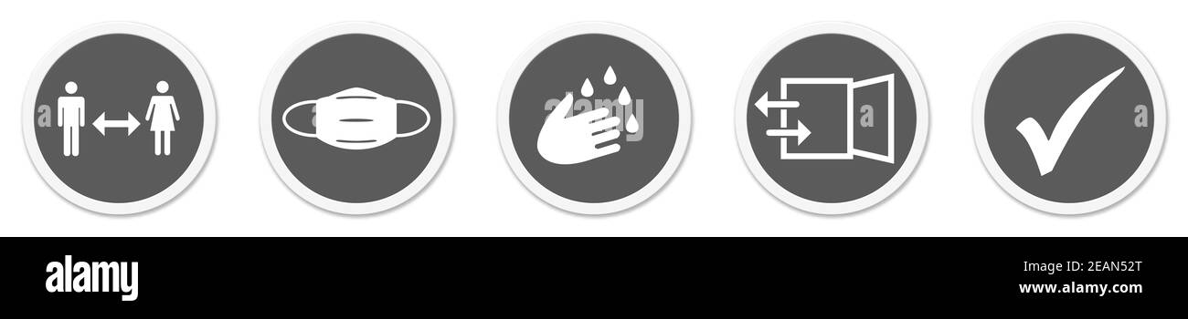 Round Buttons showing: Keep Distance, Wear a Face Mask, Wash your Hands ...