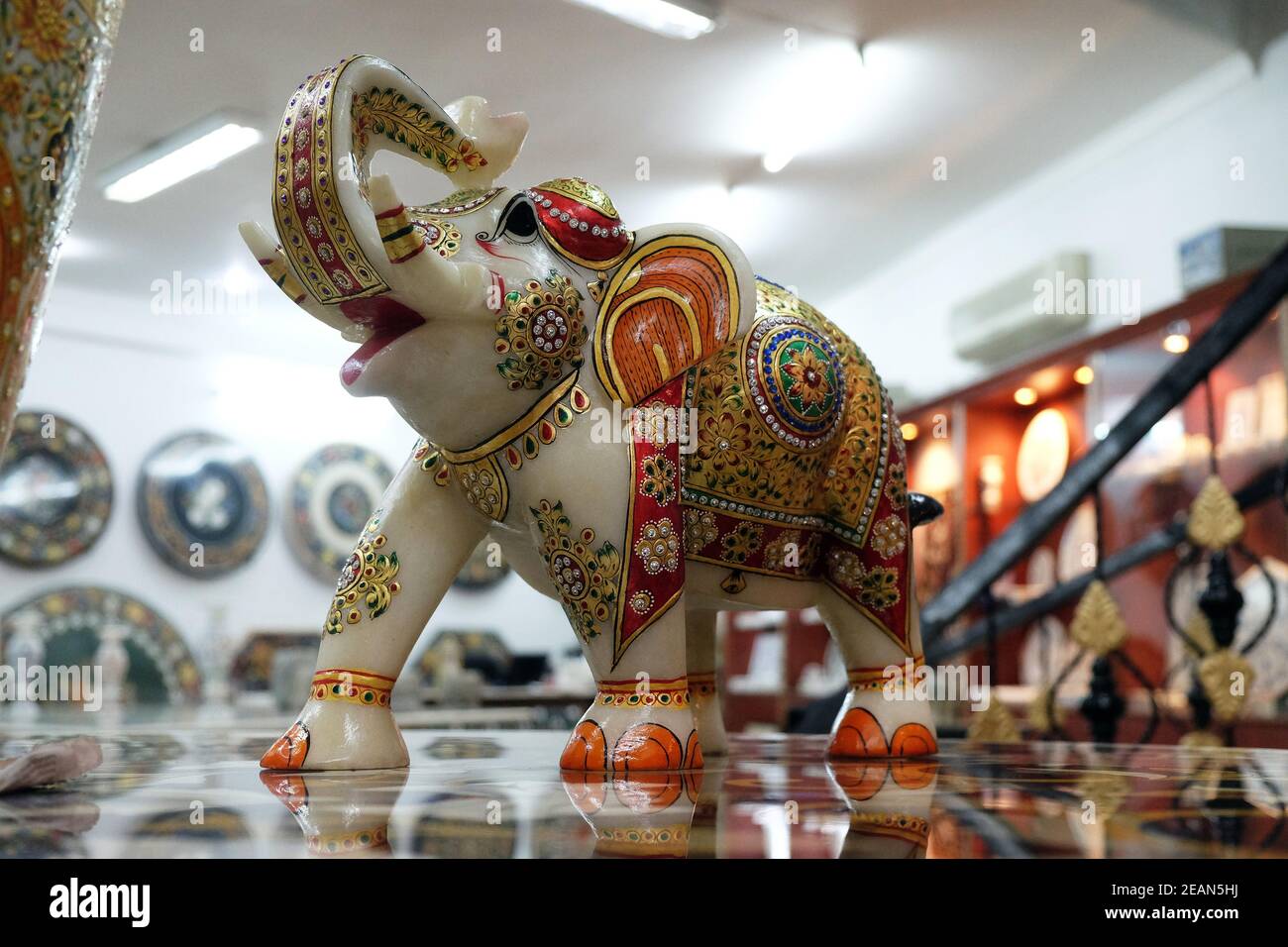 Handcrafted elephant display at souvenir shop in Agra, Uttar Pradesh ...