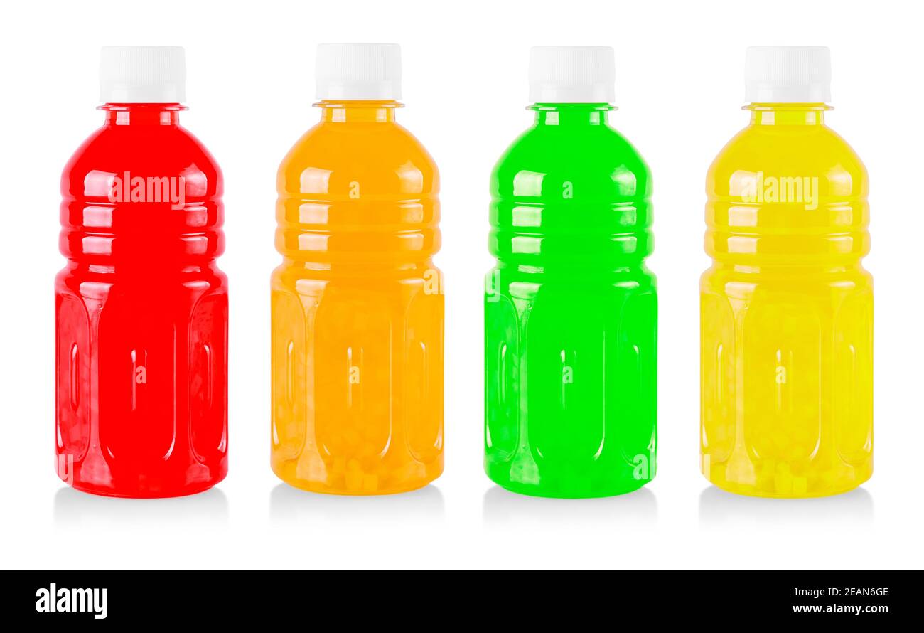 colored juice in a plastic container jug isolated on a white background ...