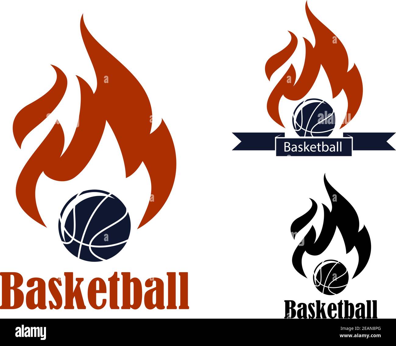 Basketball sport emblems with basketball ball, ribbon banner, fire and ...