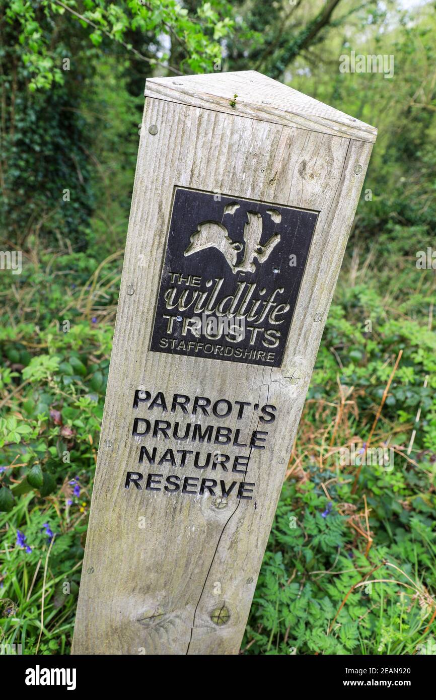 A wooden sign post for Staffordshire Wildlife's Parrot's Drumble Nature ...