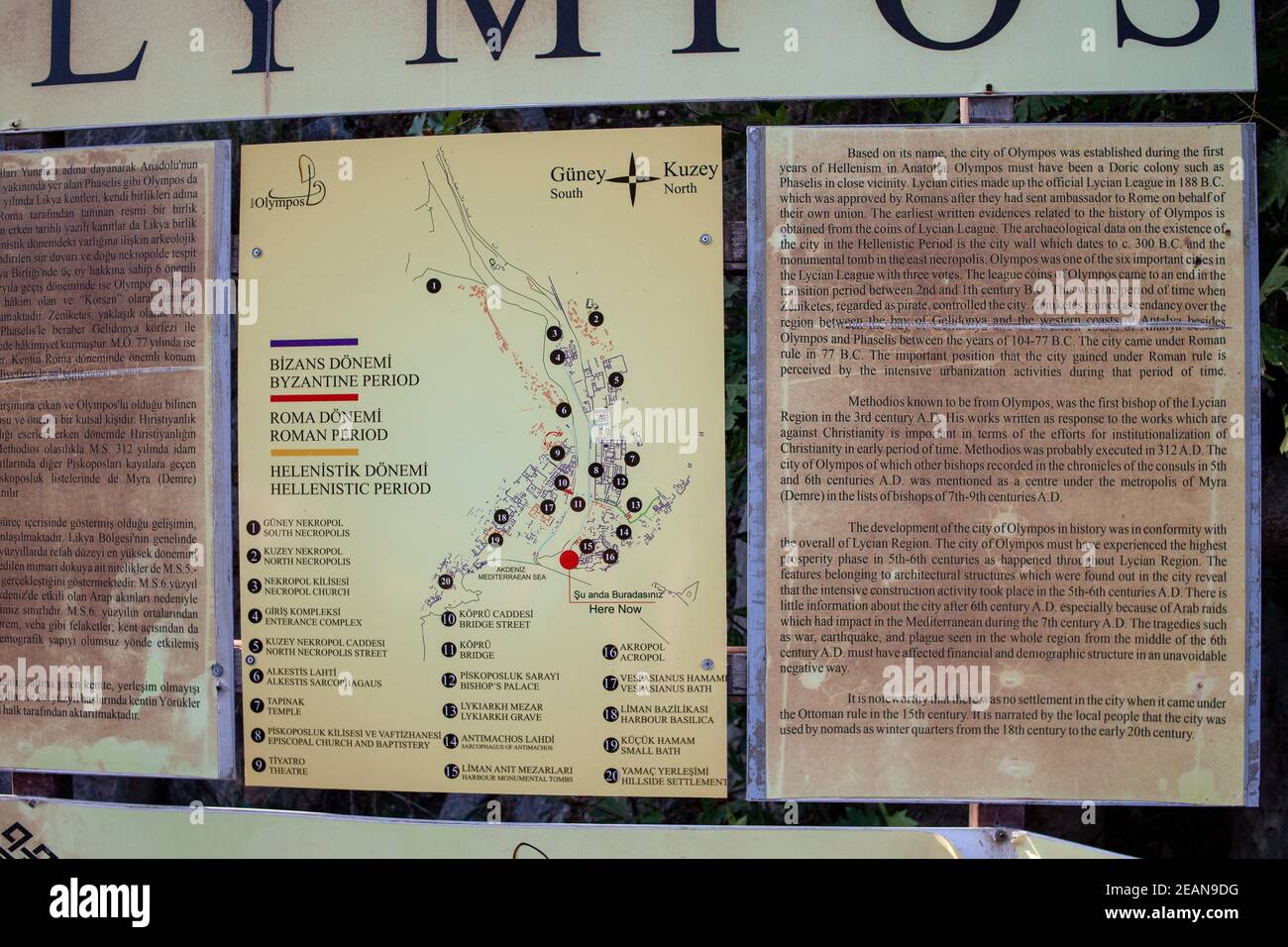 Information sign with map of ancient Olympos village in Turkey. Goynuk ...