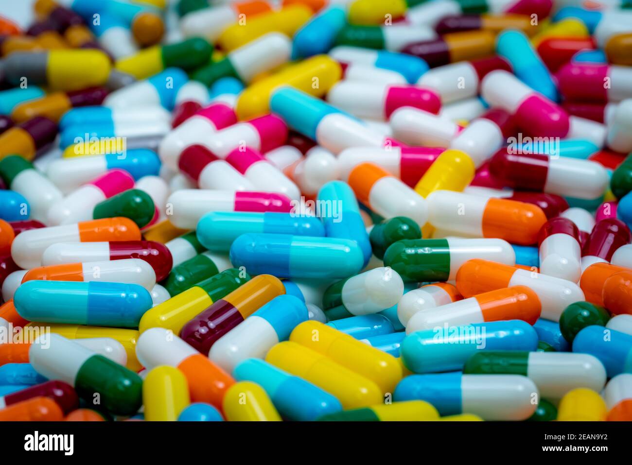 Selective focus on multi-colored antibiotic capsule pills. Antibiotic ...
