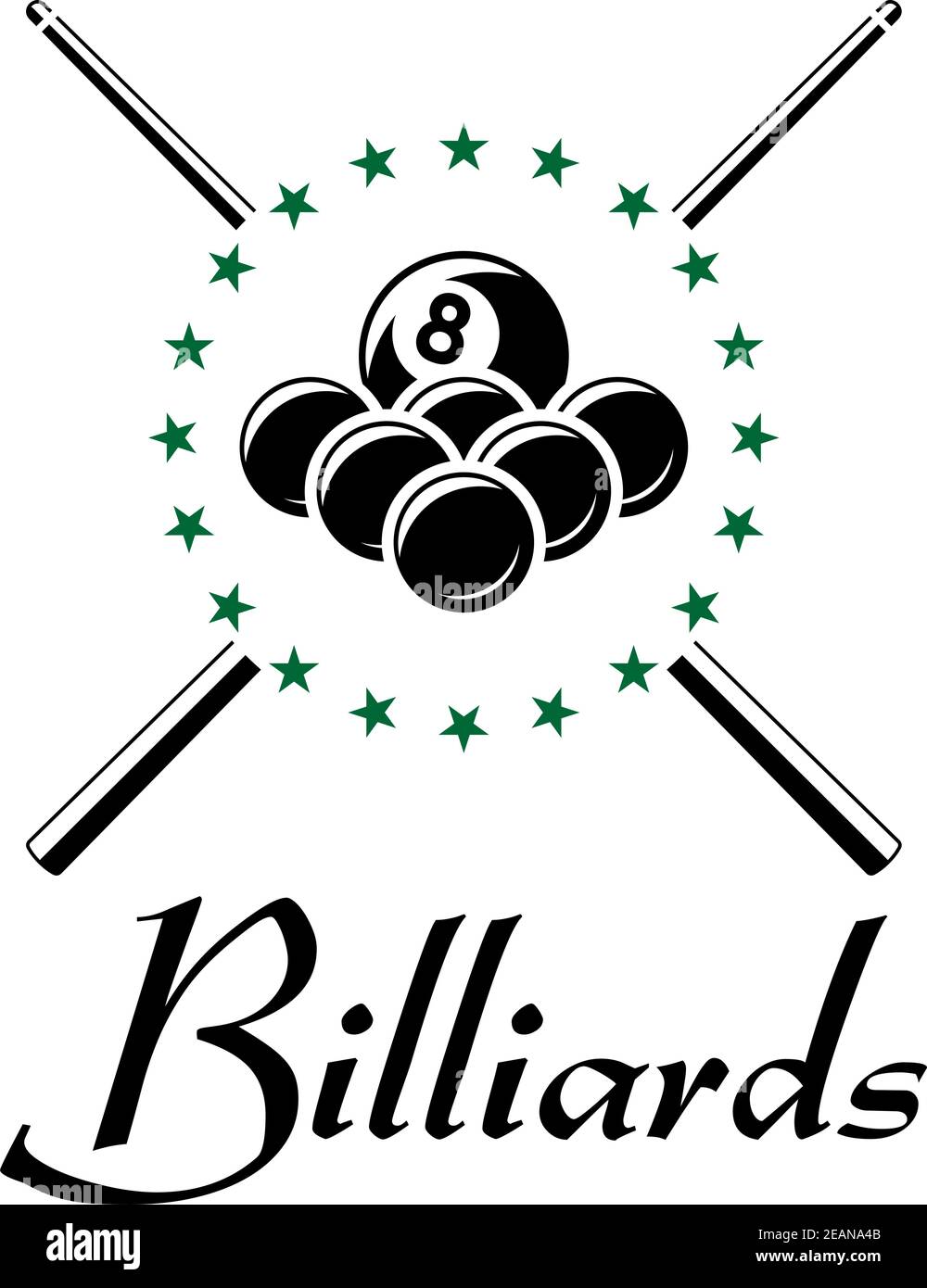 Billiards and snooker sports emblem with balls, cue , stars and text ...